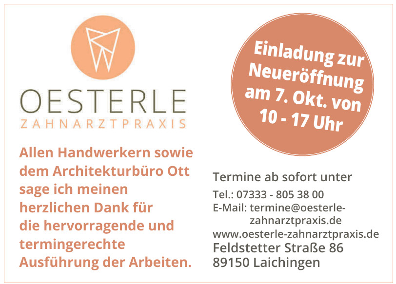 Neueröffnung der Zahnarztpraxis Oesterle - Schwäbischer Verlag